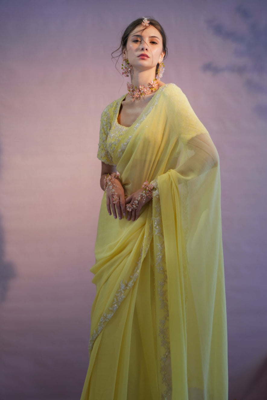 Buy Yellow Adena Vine Saree | By Summer – Summer By Priyanka Gupta
